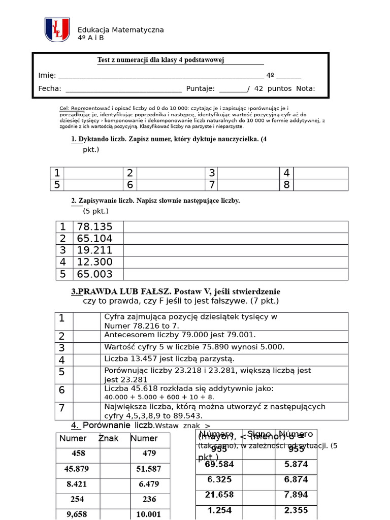Test Numeracja 4 Podstawowy | PDF