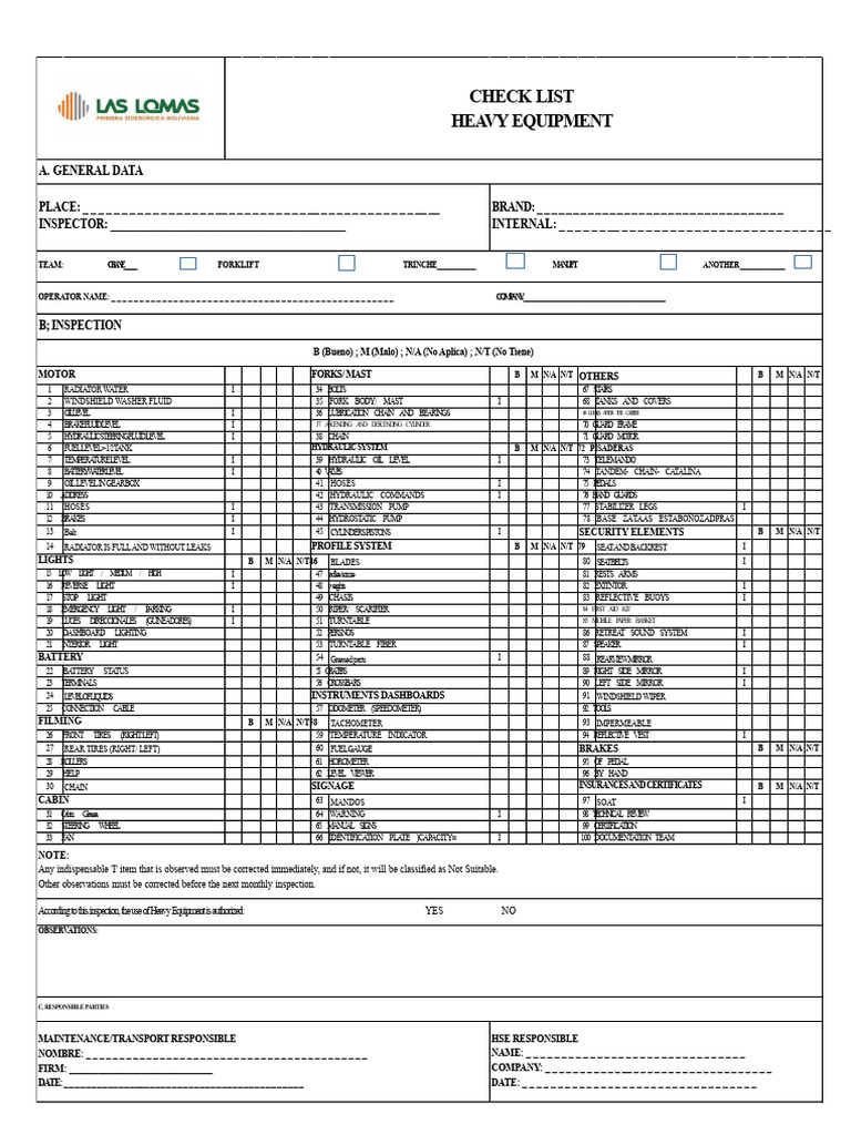 Heavy Equipment Inspection Checklist | PDF | Vehicles | Motor Vehicle