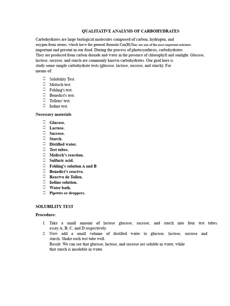 Qualitative Analysis of Carbohydrates | PDF | Glucose | Chemical Elements
