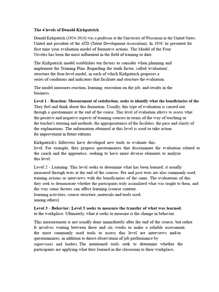 The 4 levels of Donald Kirkpatrick.docx | PDF | Learning | Evaluation