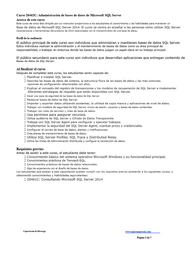 Al Finalizar El Curso: Curso 20462C: Administración de Bases de Datos de Microsoft SQL Server ...