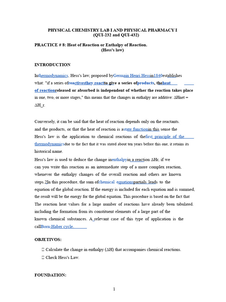 Practice 8 Phys. Chem. Hess's Law | PDF | Gases | Chemical Reactions