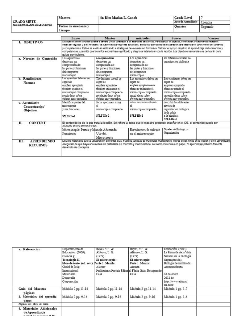 DLL Ciencia 7 Semana 1 q2 | PDF | Microscopio | Plan de estudios