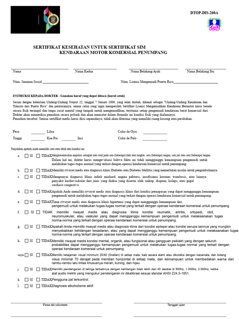 DTOP-DIS-260A Sertifikat Medis Untuk Sertifikat Lisensi Mengemudi ...