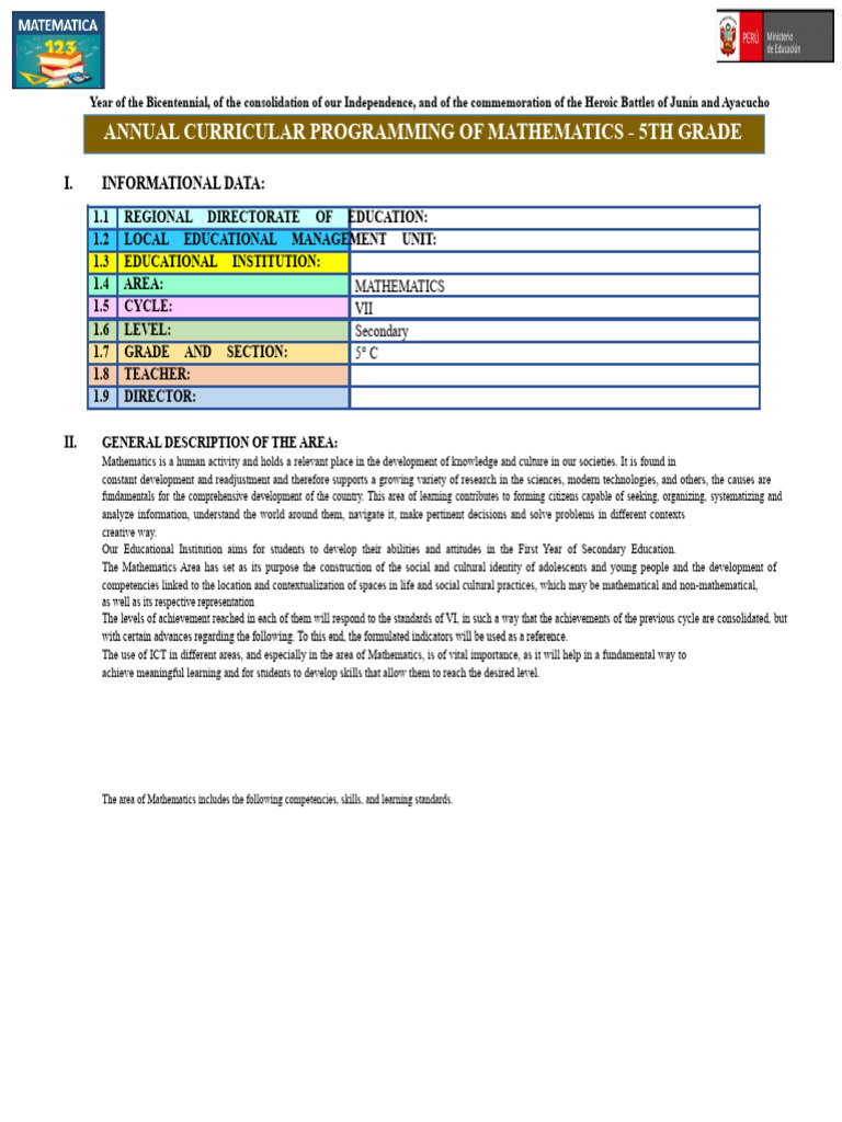 ANNUAL PROGRAMMING - MATHEMATICS - 5TH GRADE - 2024 (1) | PDF | Algebra ...