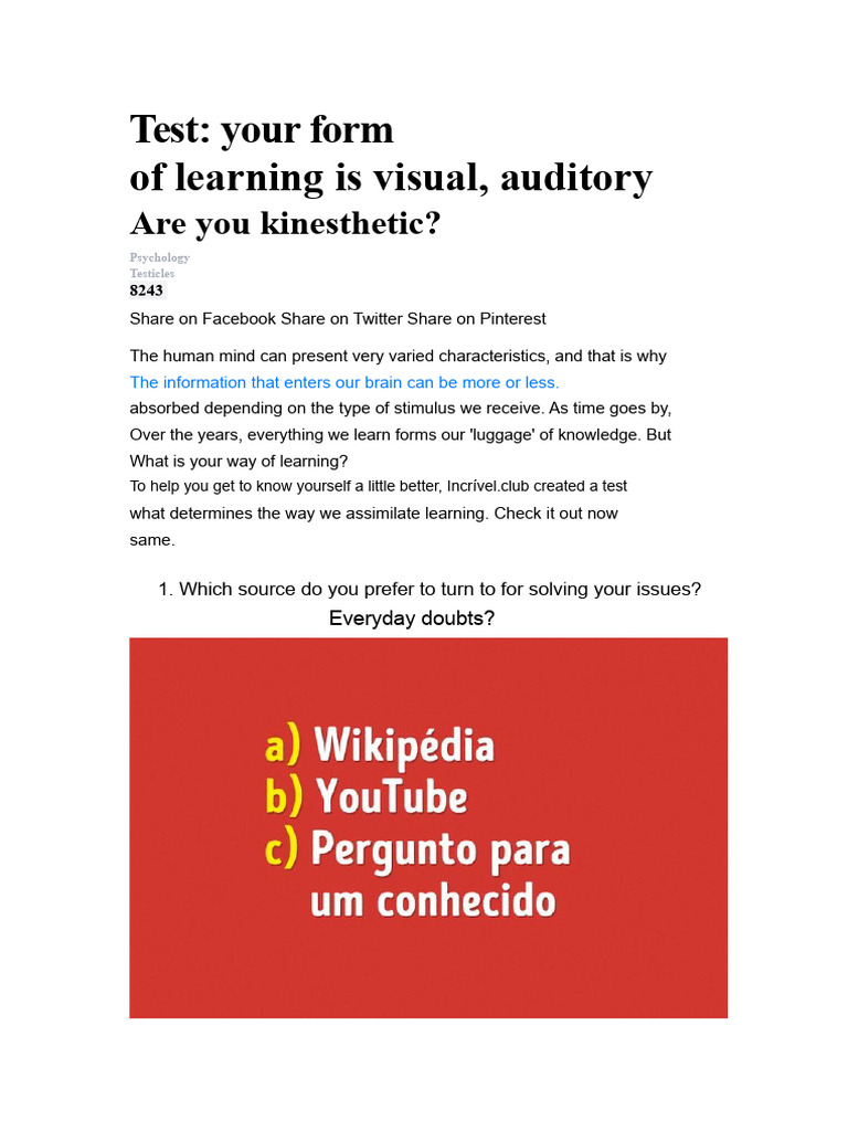 3. Auditory, visual, and kinesthetic test | PDF | Learning | Attention