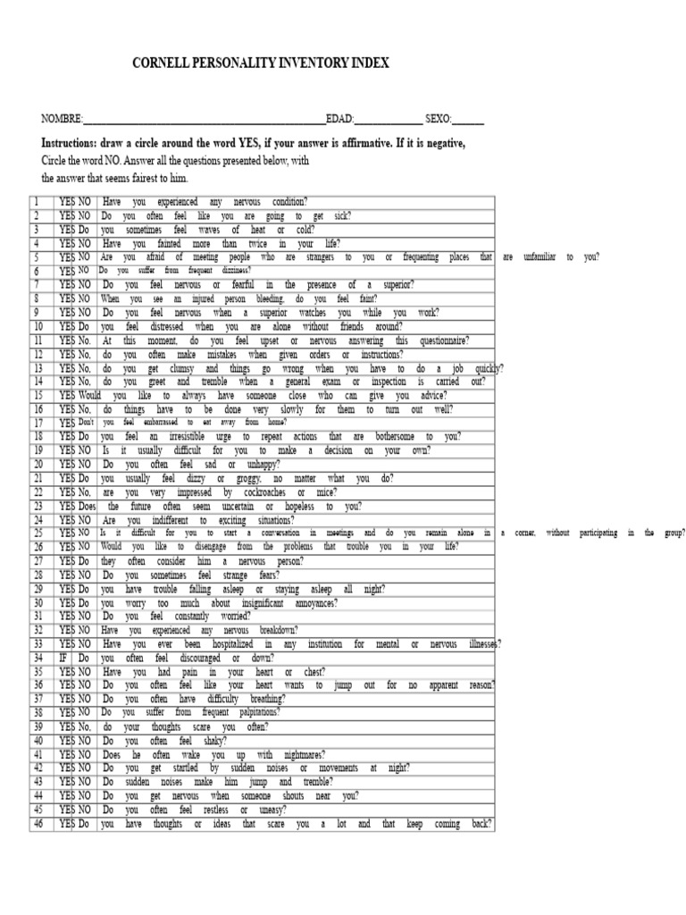 Cornell Personality Inventory Index | PDF | Anxiety | Anger