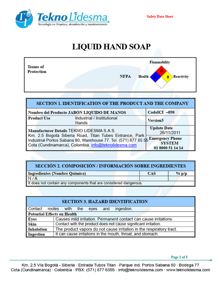 Safety Data Sheet Liquid Soap For Hands | PDF | Water | Waste