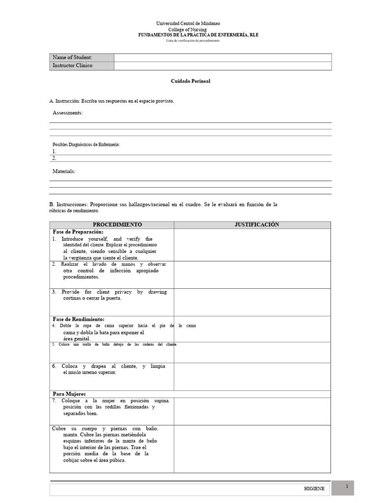 Lista de Verificación Del Procedimiento de Cuidado Perineal | PDF ...
