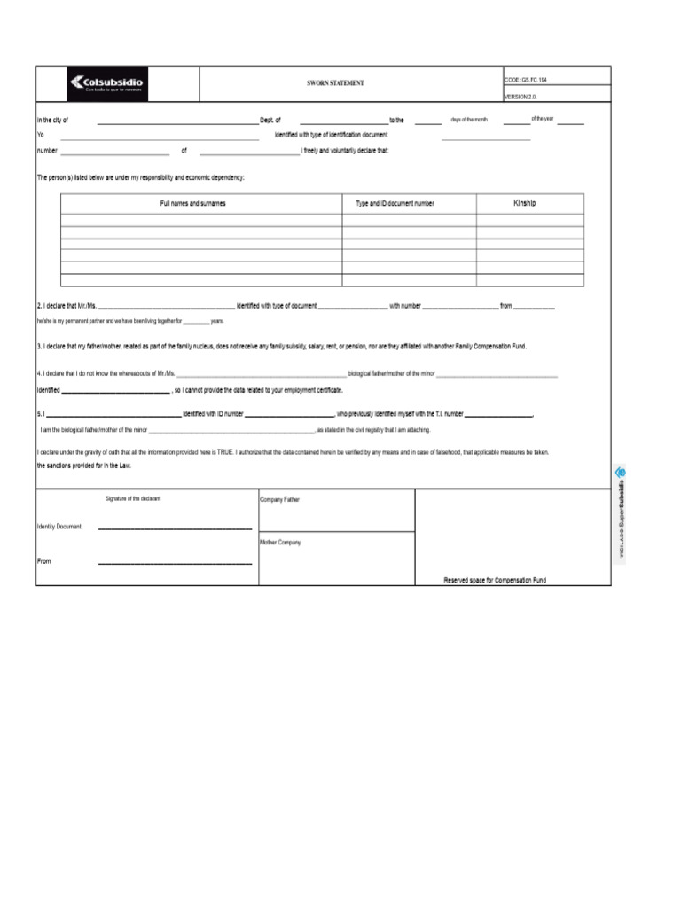 Colsubsidio Sworn Declaration Format v2 | PDF | Identity Document