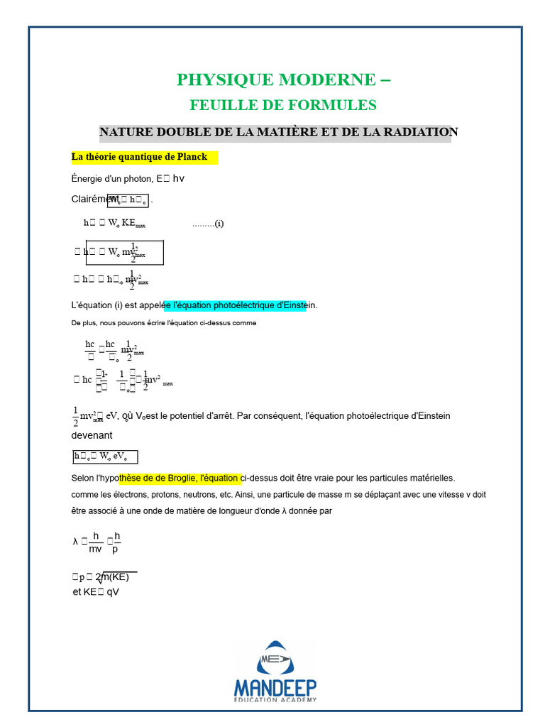 Formules de Physique Moderne et Énergie | PDF | Effet photoélectrique ...