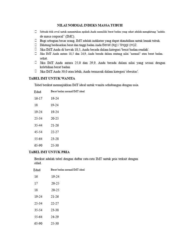 Panduan Nilai Normal Indeks Massa Tubuh | PDF