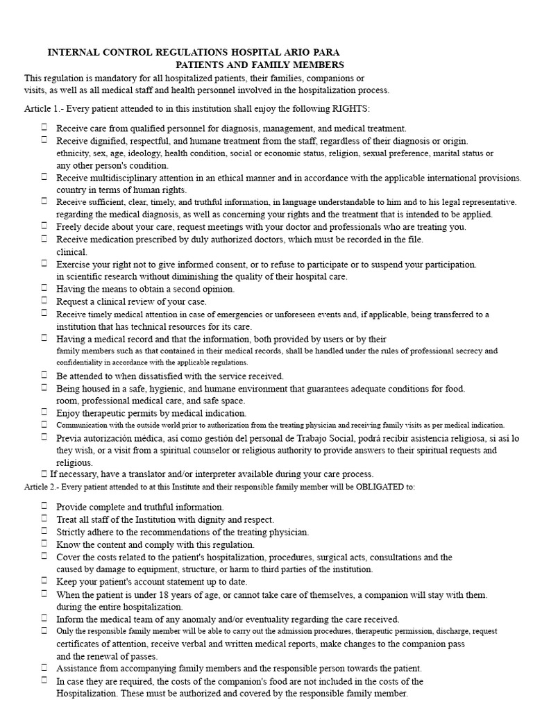 Internal Regulations of Hospital Control For Patients and Relatives ...
