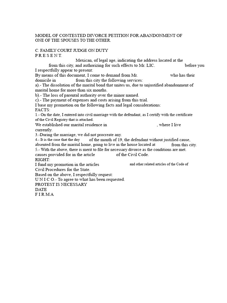 Model of Contested Divorce Petition For Abandonment by One | PDF