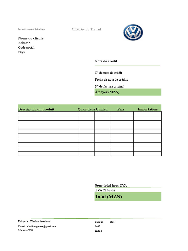 Modèle de note de crédit Excel | PDF