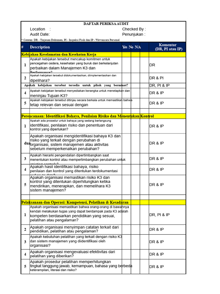 Daftar Periksa Audit K3 Lengkap Pdf