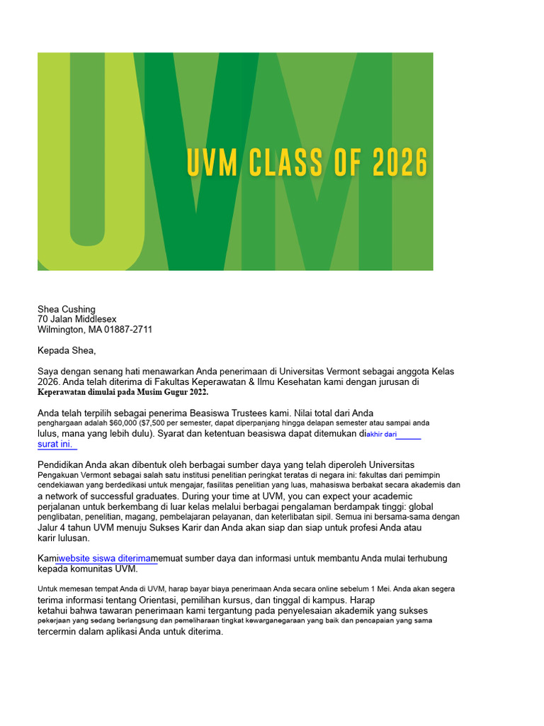 Surat Penerimaan UVM | PDF