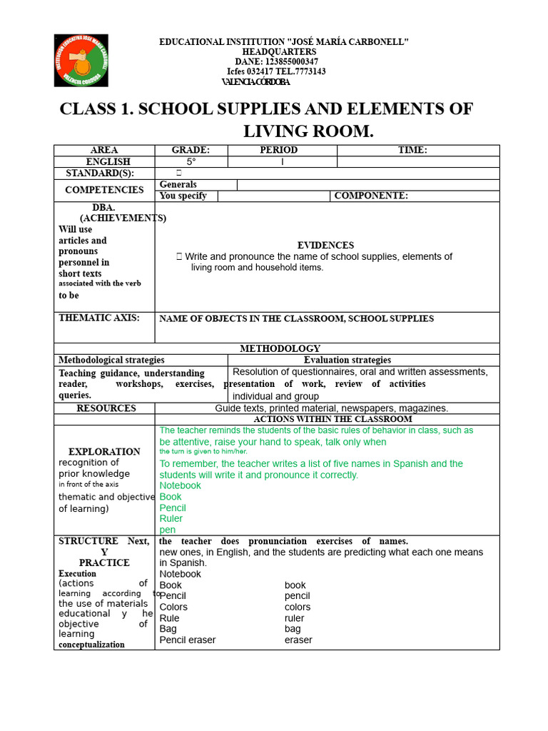 Class 1. School Supplies and Classroom Elements | PDF | English ...