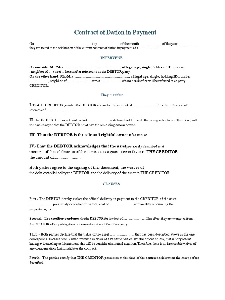 Model Contract of Payment in Kind | PDF | Debtor | Creditor