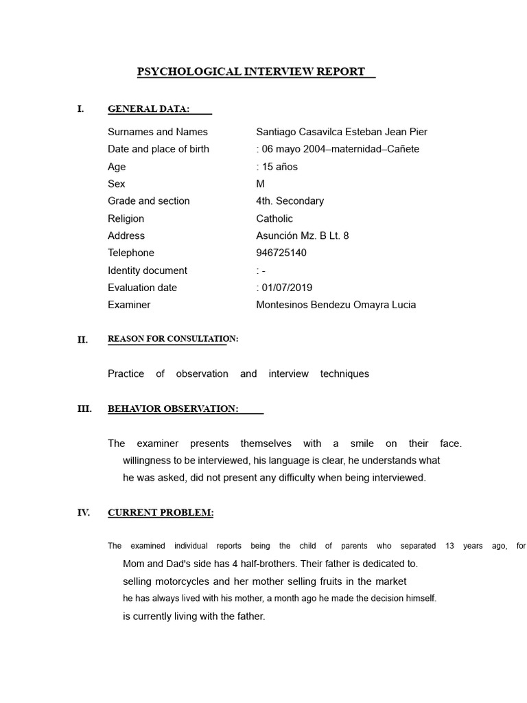 Psychological Interview Report | PDF | Adolescence | Family