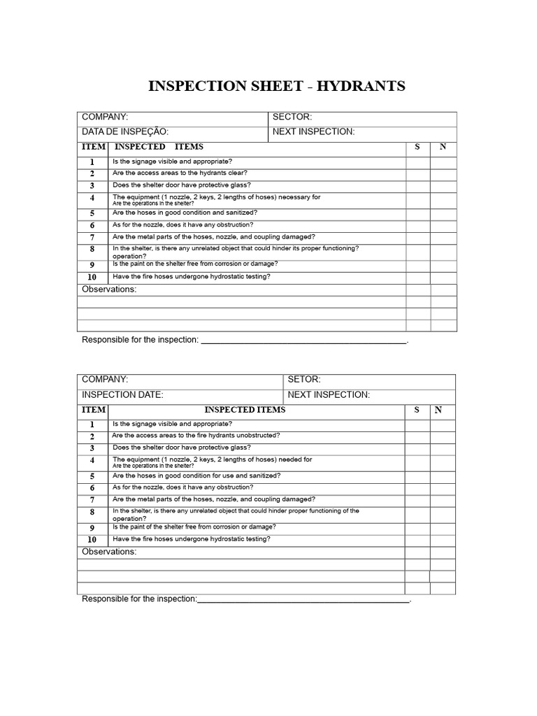 Hydrant Inspection Sheet | PDF