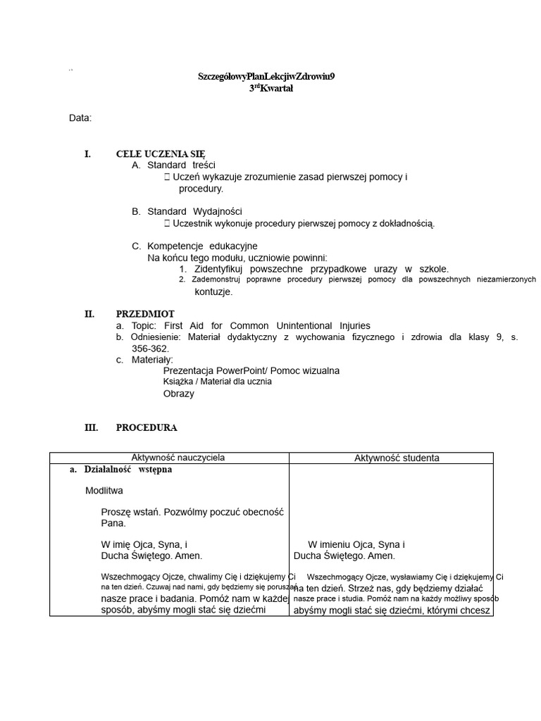 Codzienny Plan Lekcji W Zdrowiu 9 | PDF