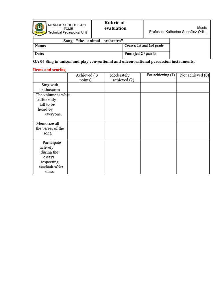 Rubric For Evaluating Song 1 and 2 Basic | PDF