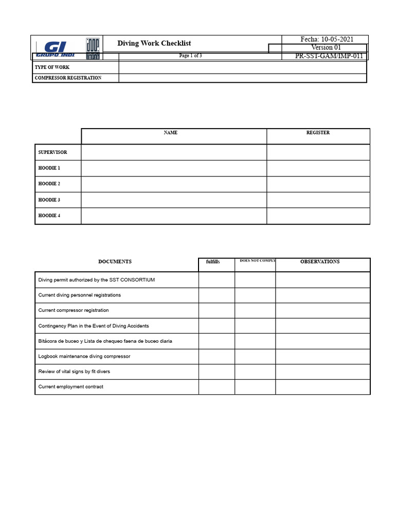 Diving Work Safety Checklist | PDF | Underwater Diving | Scuba Diving
