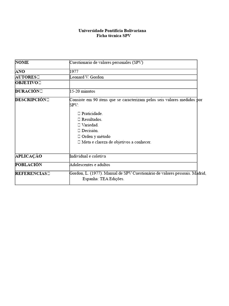 Ficha Técnica SPV | PDF