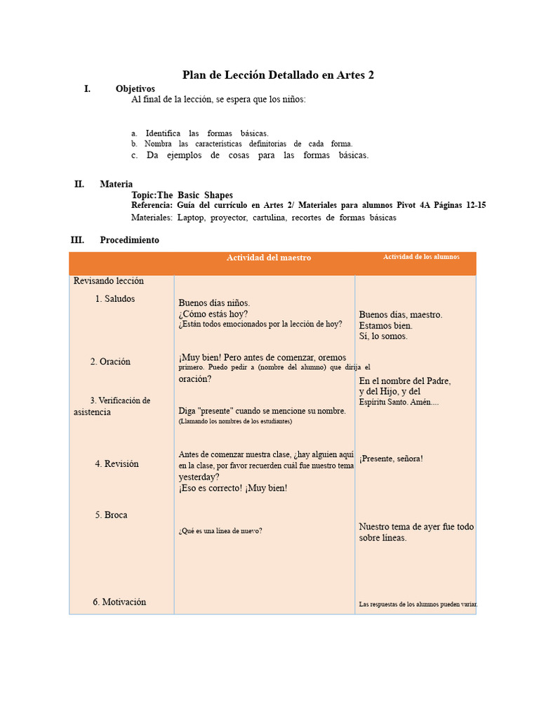 Plan de Lección Detallado en Artes 2 | PDF | Rectángulo
