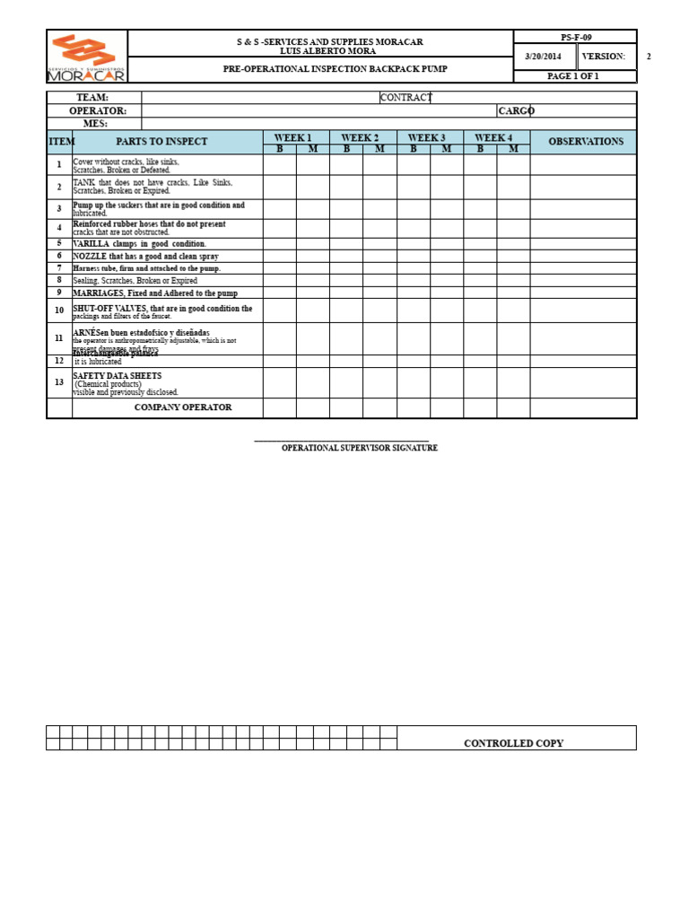 PS-F-09 PRE-OPERATIONAL INSPECTION BACK PUMP | PDF | Pump | Equipment