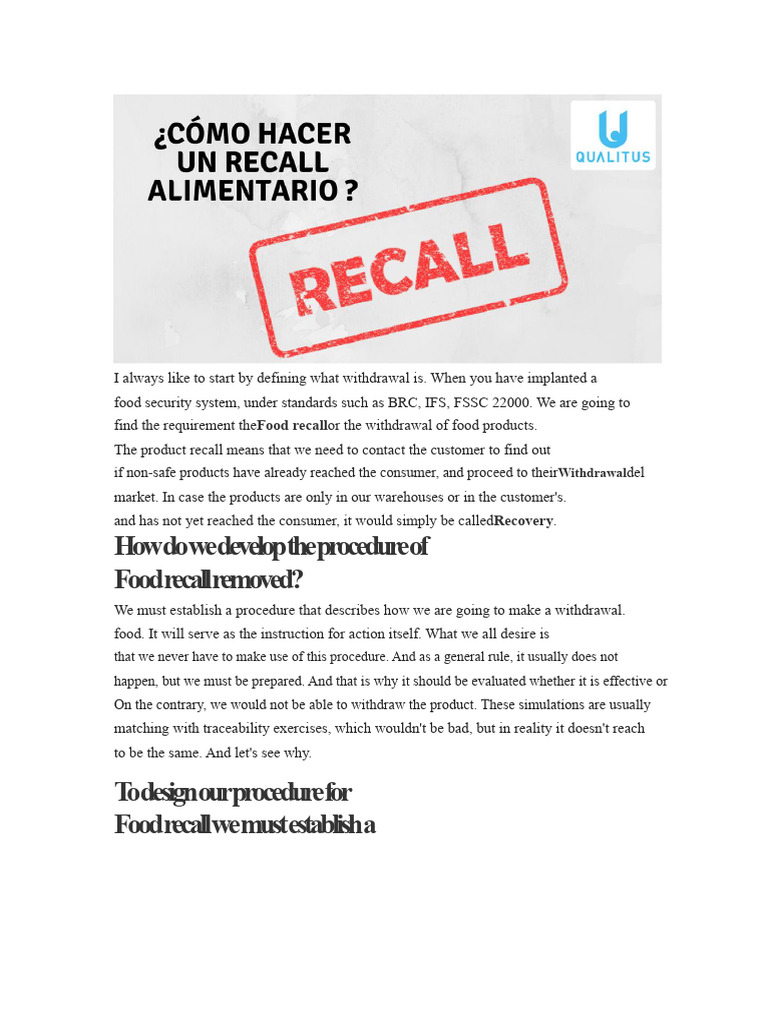 Food Recall Procedure Guide | PDF