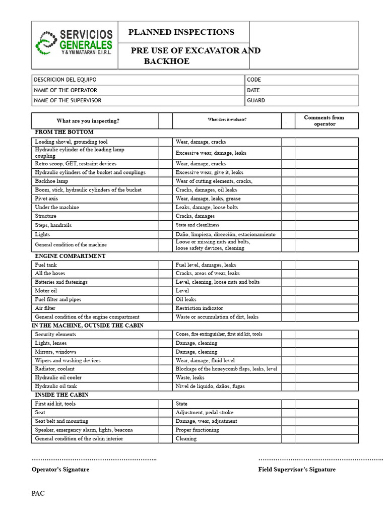 Excavator and Backhoe Inspection Checklist | PDF | Mechanical Engineering