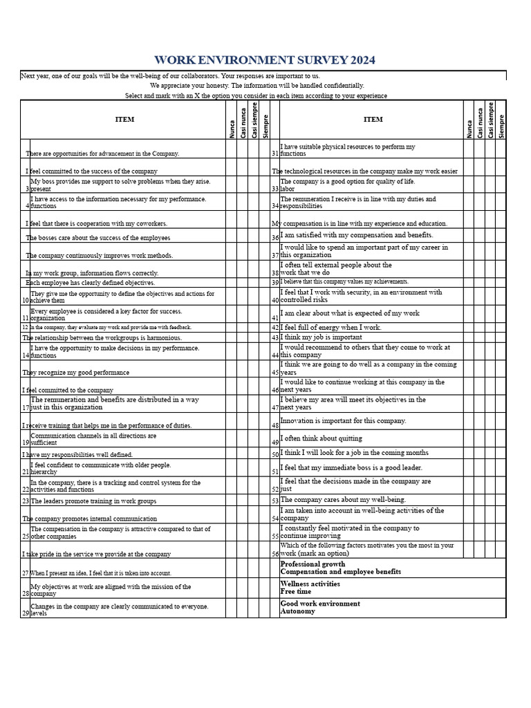 Work Environment Survey 2024 | PDF | Well Being | Compensation And Benefits