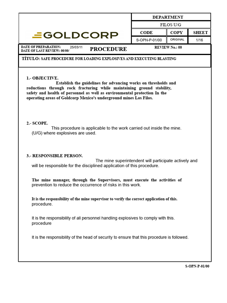 Safe Procedure For Loading Explosives and Executing Blasting | PDF ...