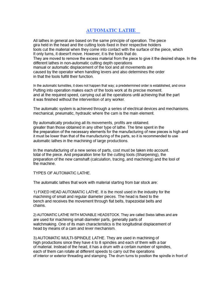 AUTOMATIC LATHE | PDF | Screw | Metalworking