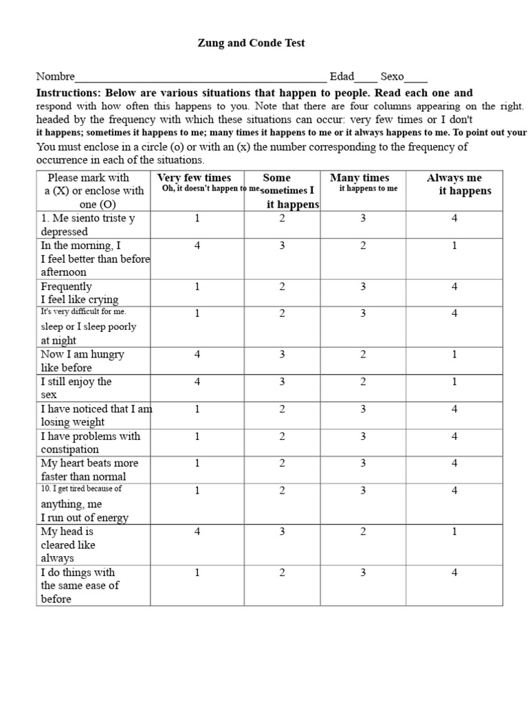 Zung and Conde Depression Test Guide | PDF | Major Depressive Disorder ...