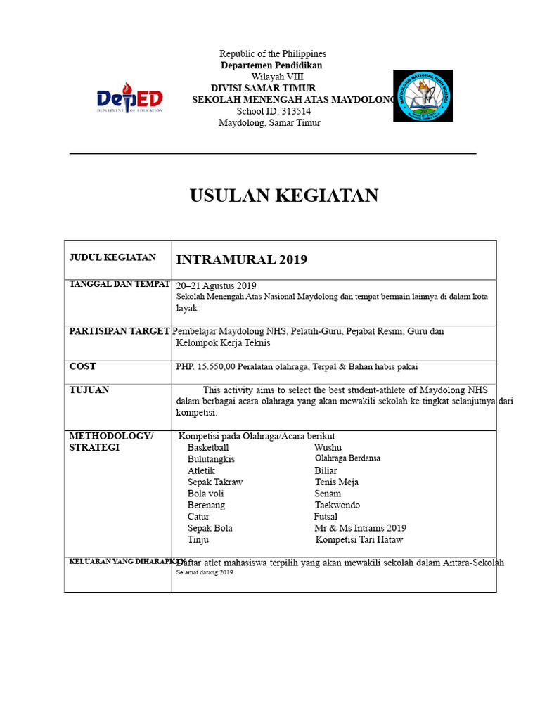 Usulan Kegiatan Intrams 2019 | PDF