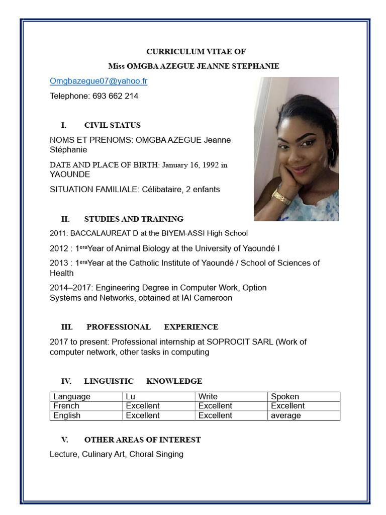 CURRICULUM VITAE OF Miss OMGBA AZEGUE JEANNE STEPHANIE | PDF