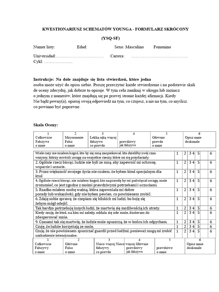 Kwestionariusz Schematów Younga | PDF