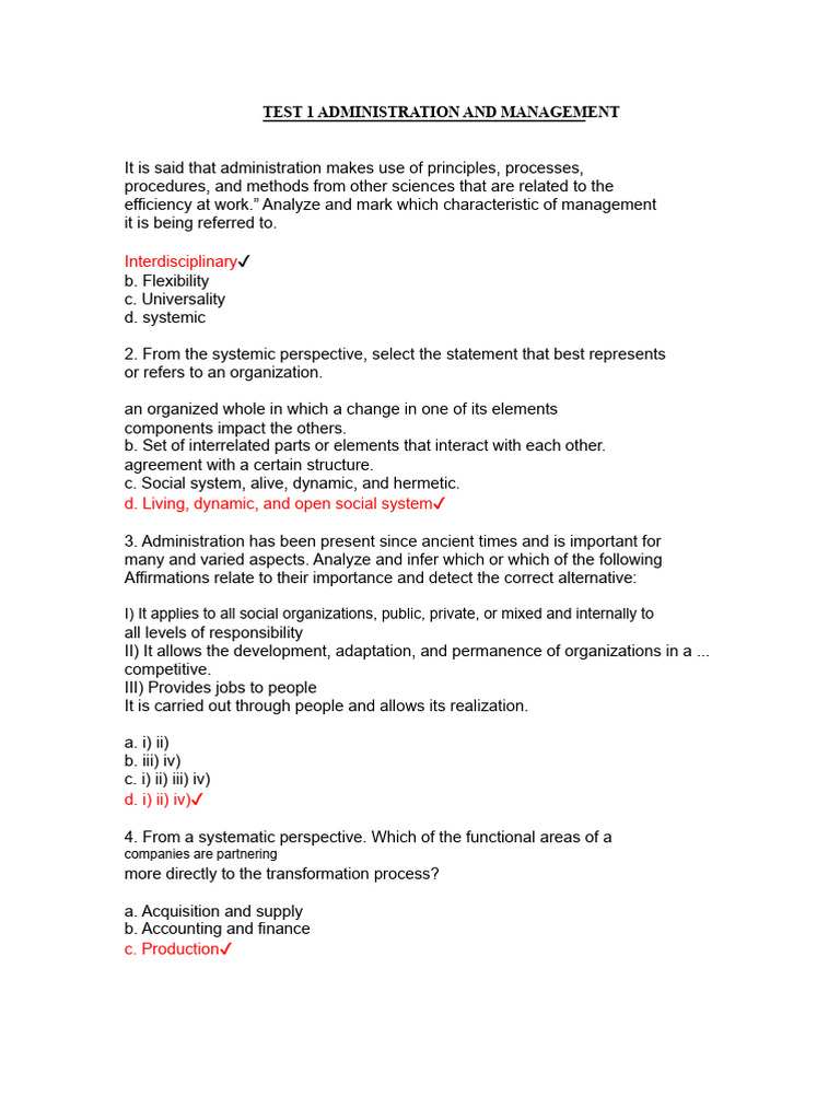 Test on Administration and Management Concepts | PDF | System | Science