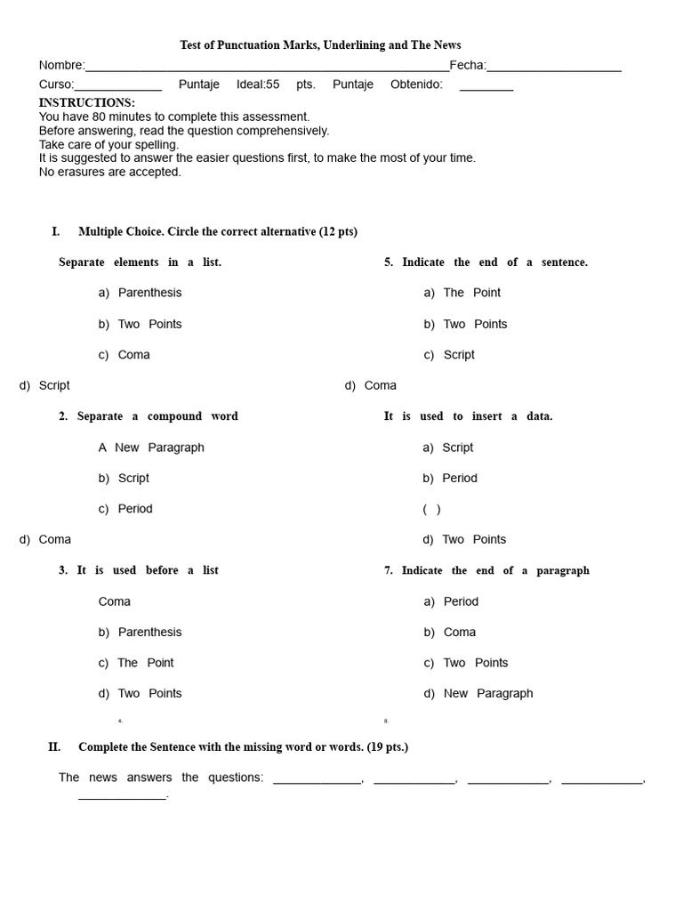 Punctuation and News Structure Assessment | PDF | Multiple Choice