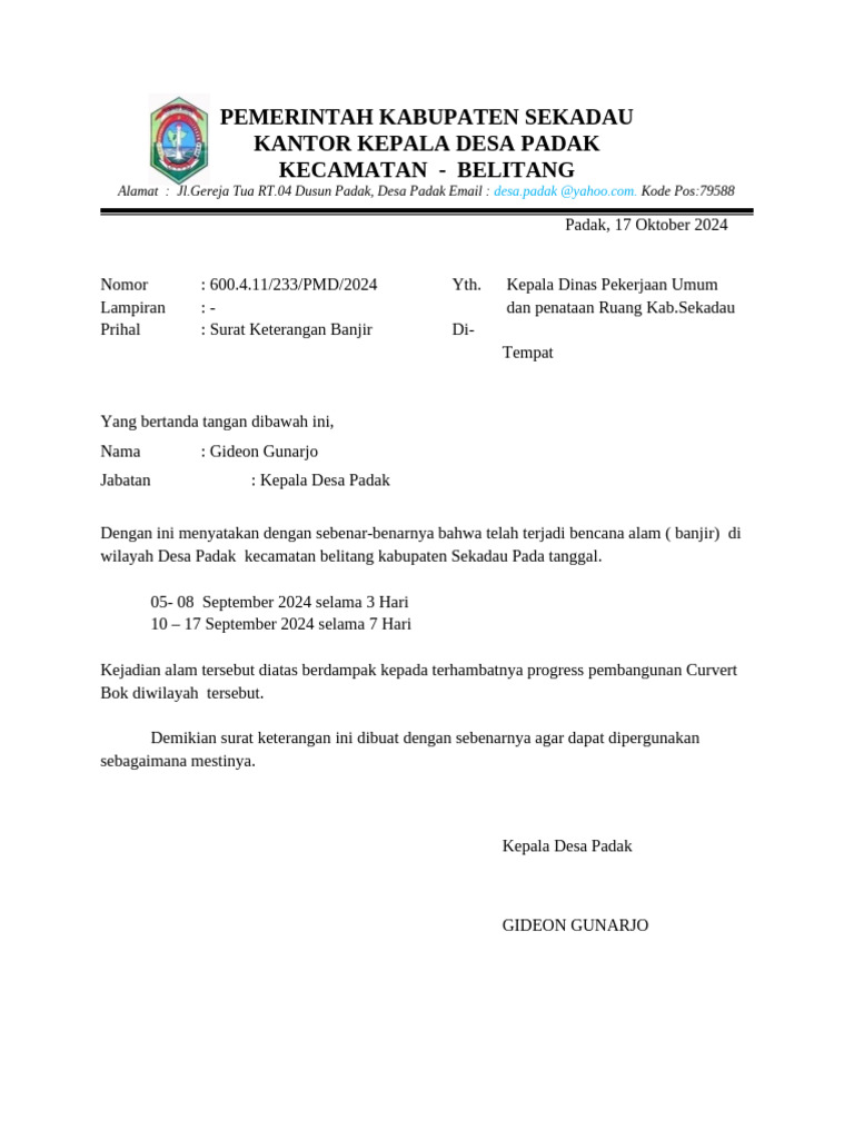 Surat Keterangan Banjir Desa Padak | PDF
