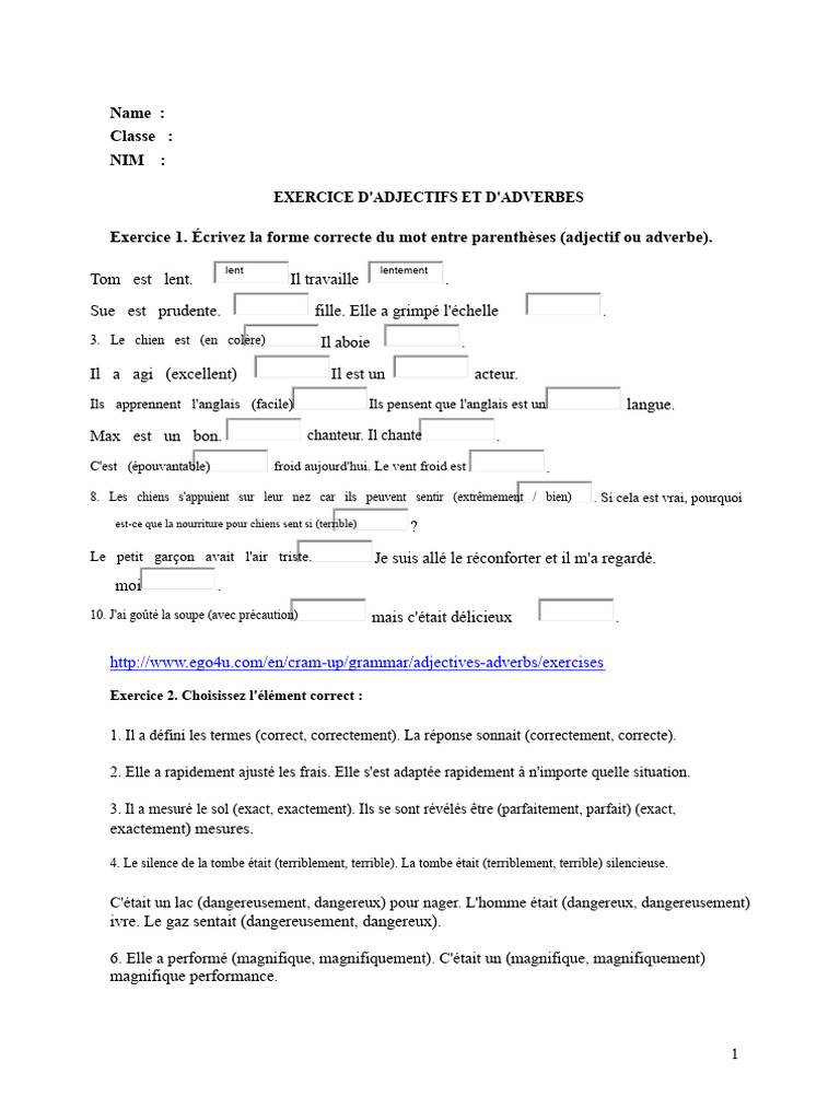 Exercice sur les adjectifs et adverbes | PDF | Adverbe