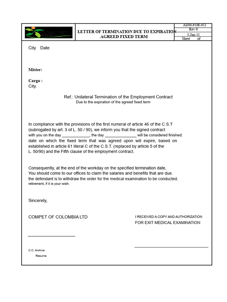 Adm-For-011 Letter of Termination Fixed Term Rev 0 | PDF