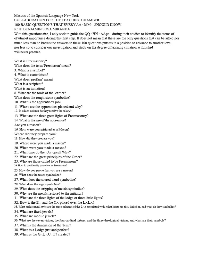 100 Questions For The Mason Apprentice | PDF | Masonic Lodge | Freemasonry