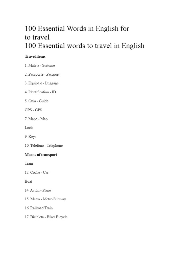100 Essential Travel Words in English | PDF