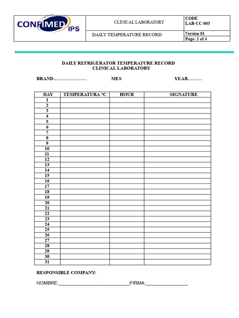 Daily Temperature Log for Labs | PDF