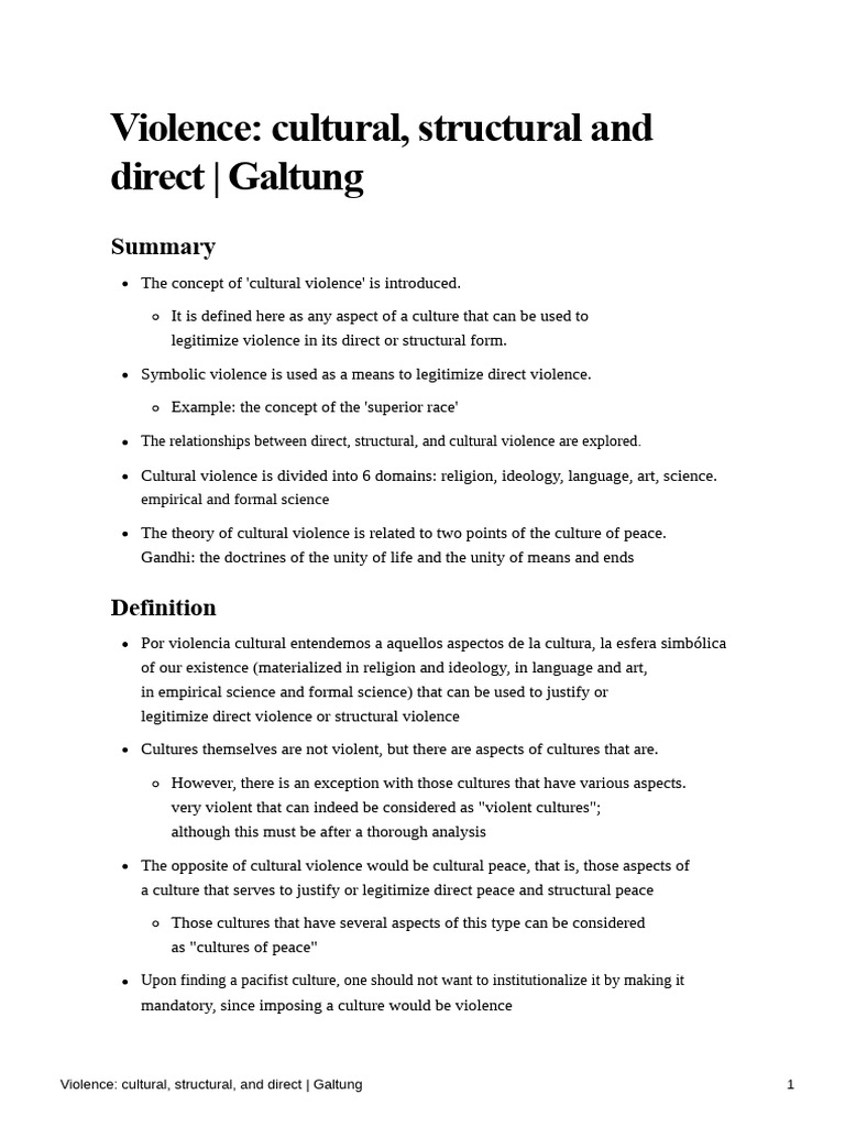 Cultural Structural And Direct Violence Galtung Pdf Violence