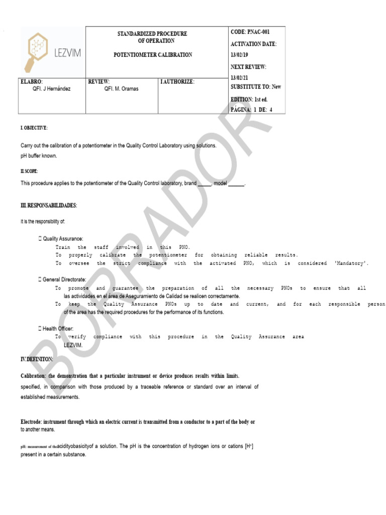 Potentiometer Calibration Procedure | PDF | Ph | Buffer Solution